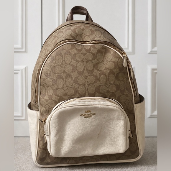 Coach | Bags | Coach Court Backpack Signature Canvas Khaki Chalk White ...
